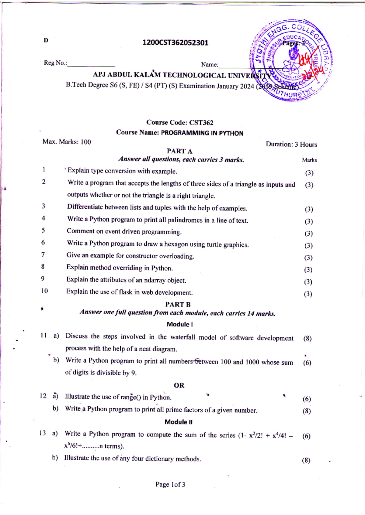 CST362 Programming IN Python, January 2024 - 3 4 5 6 7 8 9 l D Reg No.: 1200csT APJ ABDUL KAL,{M ...