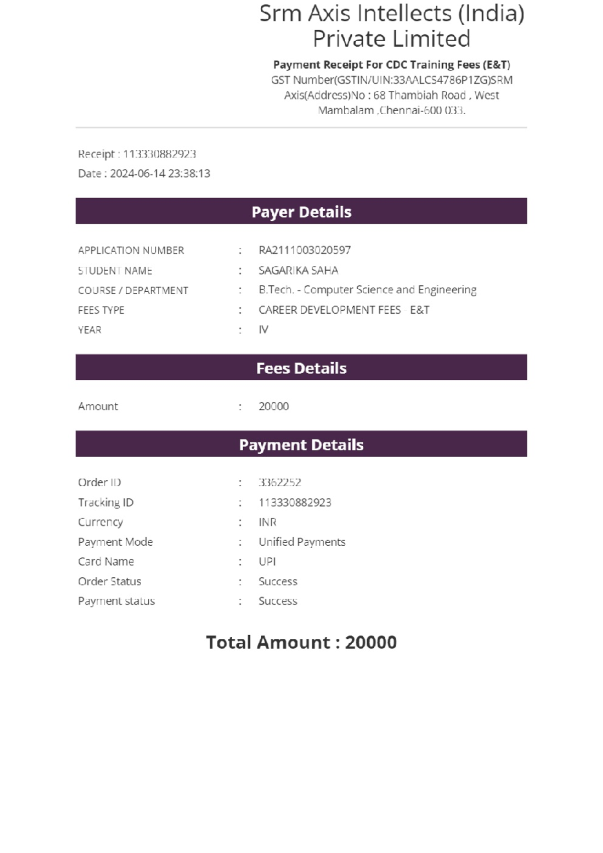 CDC Fees - Srm Axis Intellects (India) Private Limited Payment Receipt ...