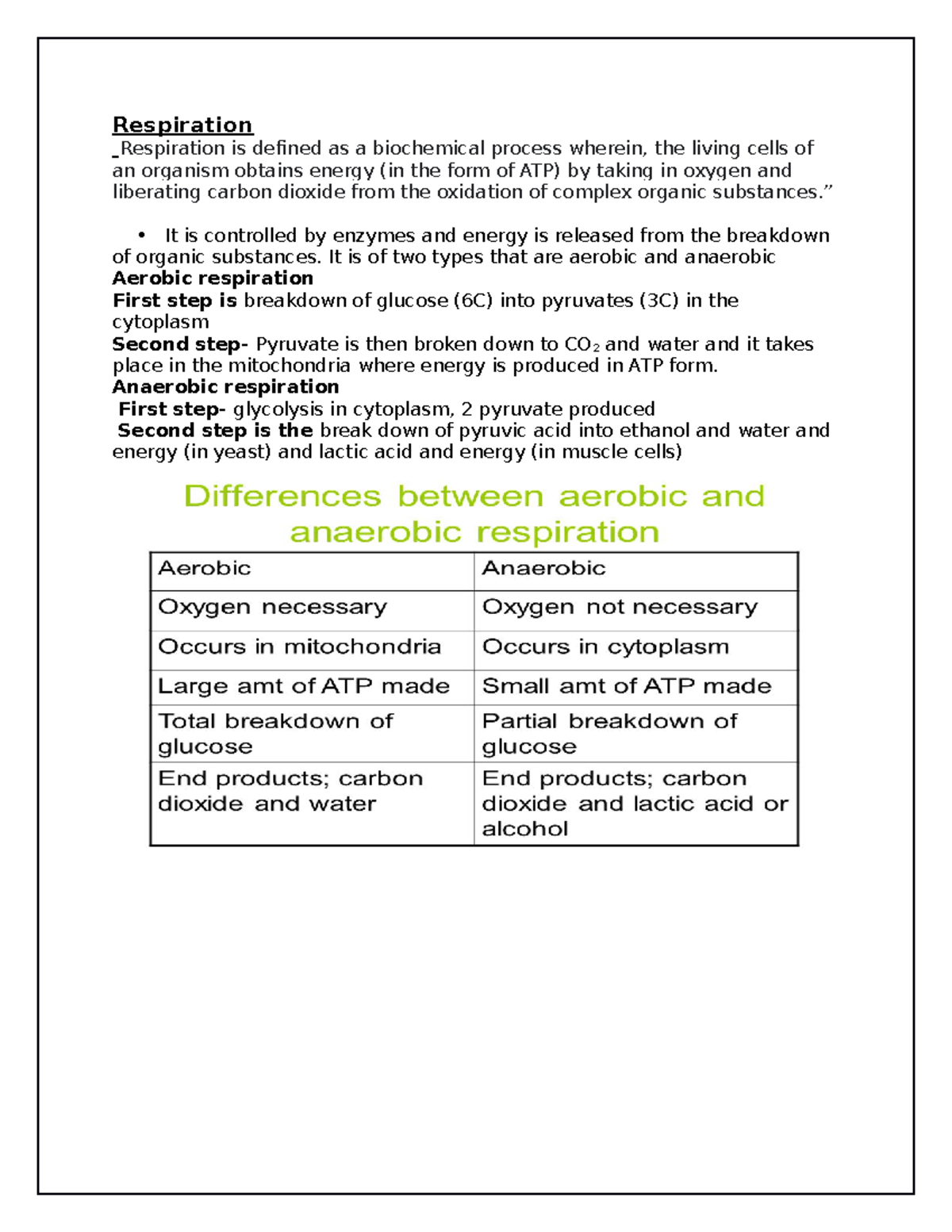 Respiration - biology notes science - Respiration Respiration is ...