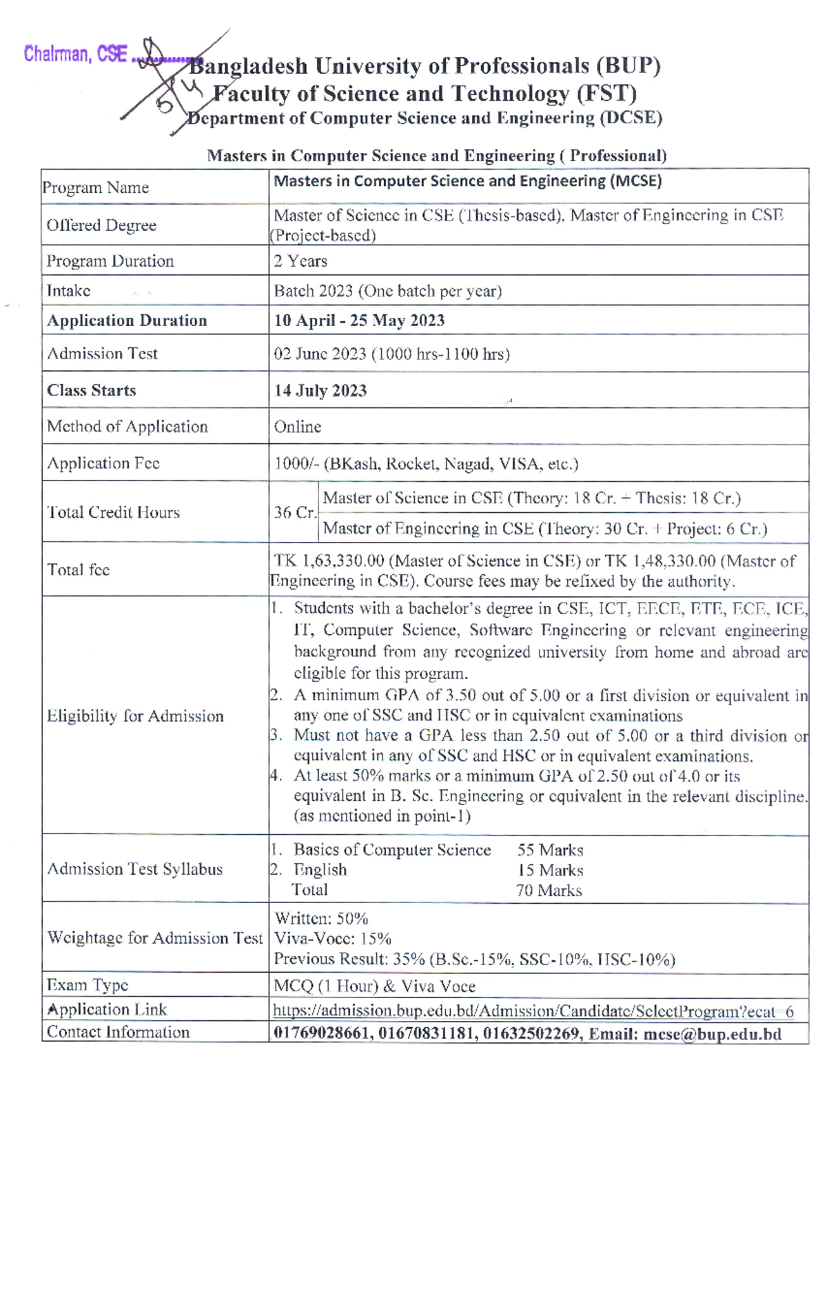 MCSE (Professional) Admission Circular - Database management system and computer programming ...
