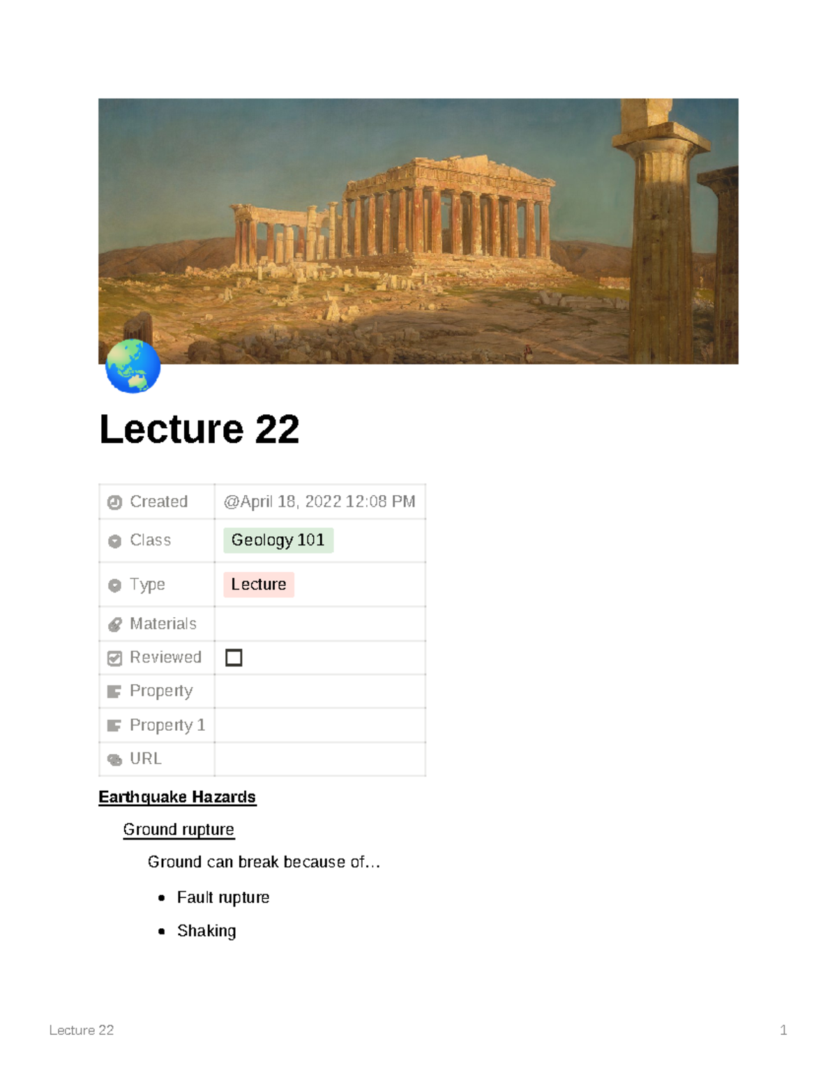 Geo Lecture 22 - 🌏 Lecture 22 Created Class Geology 101 Type Lecture Materials Reviewed Property ...