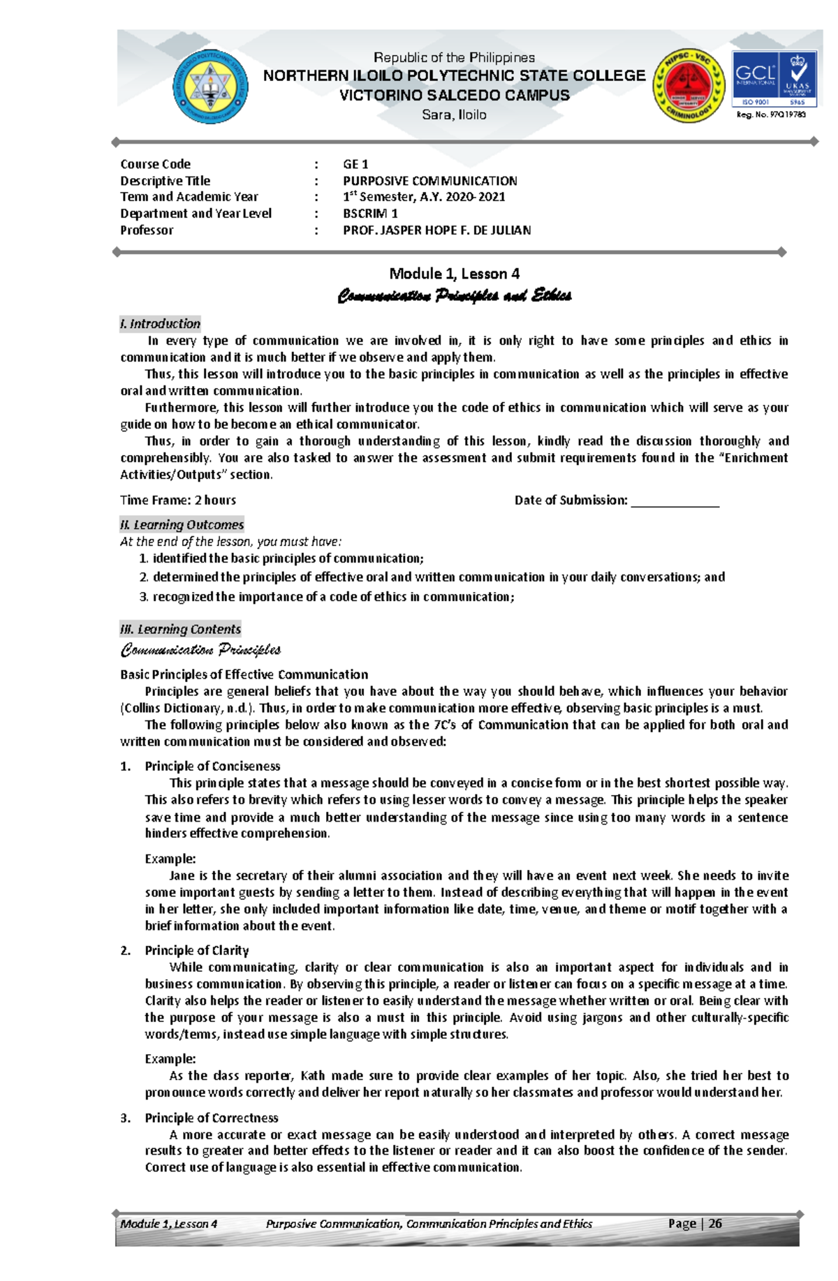 GE 1- Module 1, Lesson 4 (Communication Principles and Ethics ...