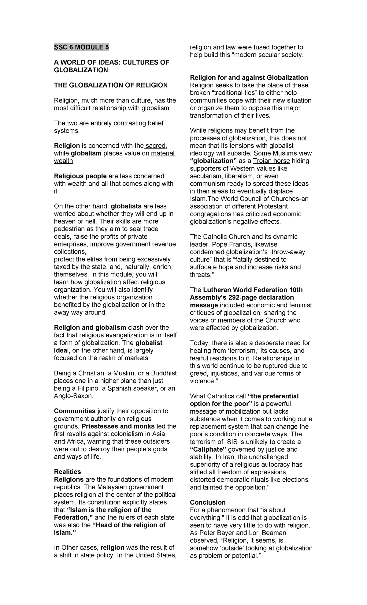 SSC 6 Module 5 - GLOBALIZATION LECTURE NOTES - SSC 6 MODULE 5 A WORLD ...