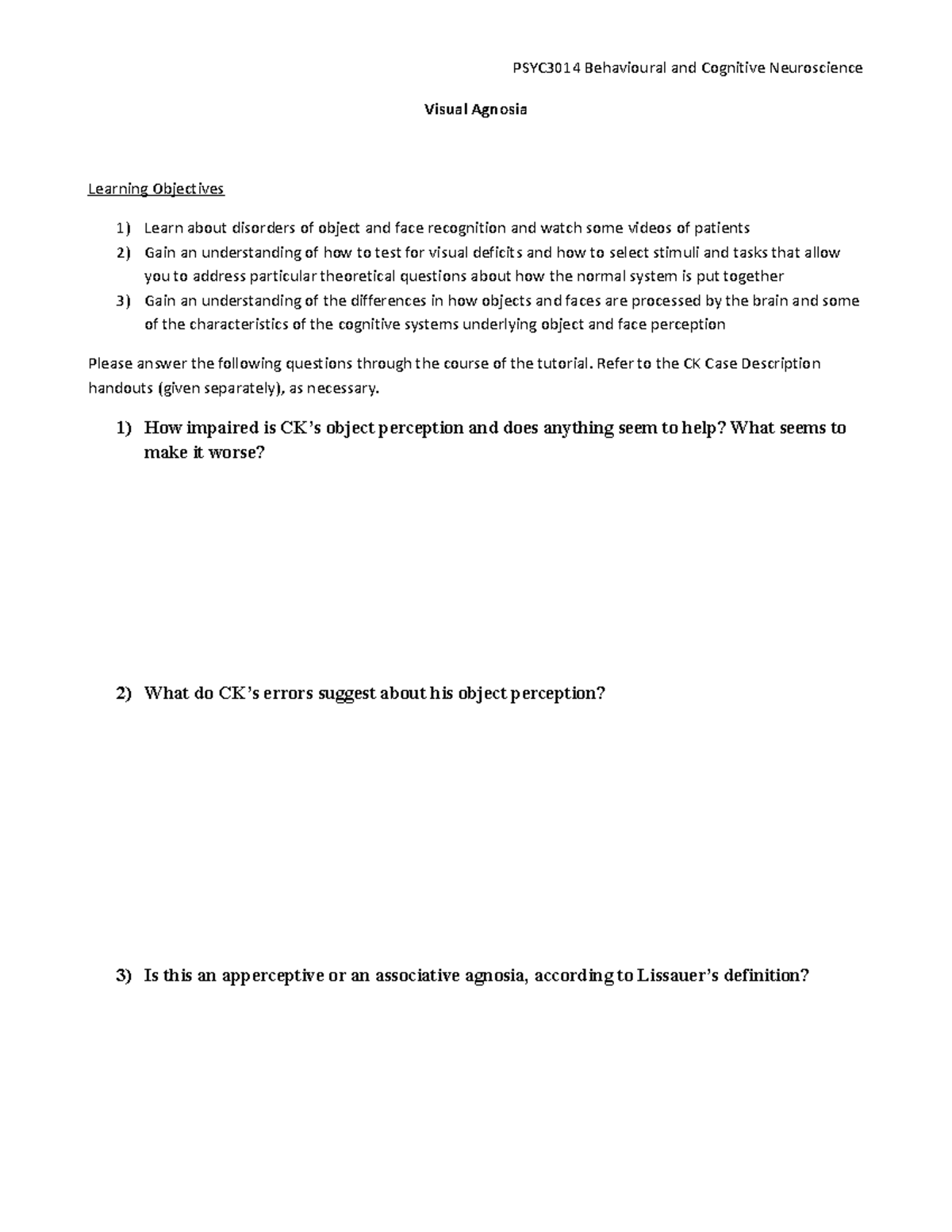 Visual Agnosia Handout - Visual Agnosia Learning Objectives 1) Learn ...