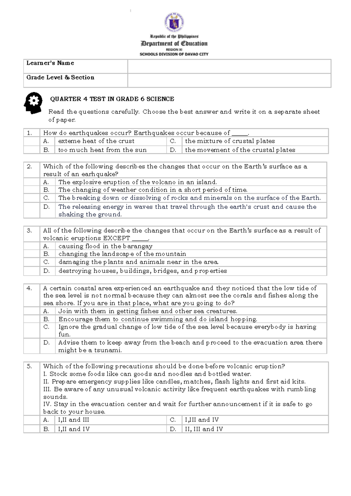 D3 Quarterly-Test Q4-Science-6 - Learner’s Name Grade Level & Section ...