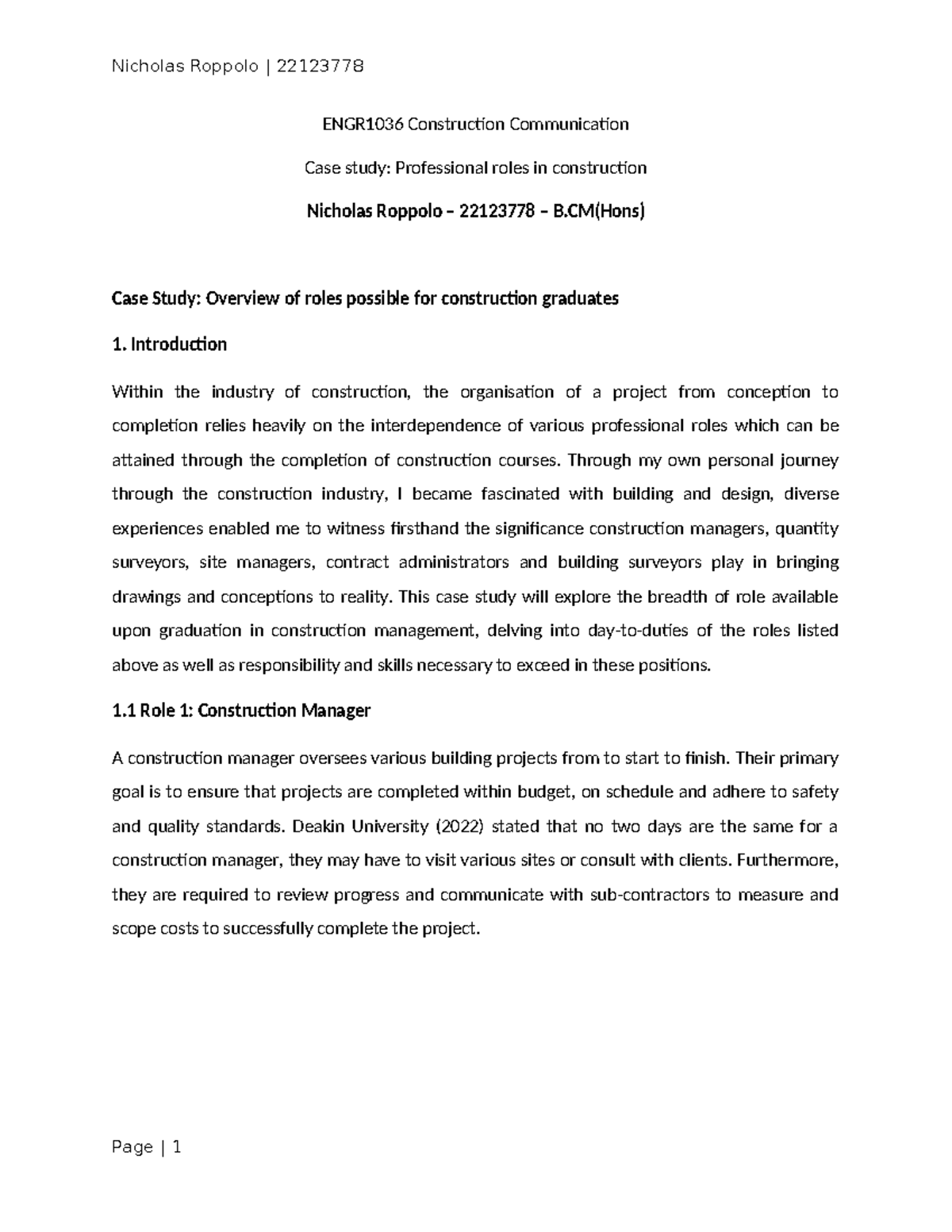 B.CM(Hons)- Assessment 1 - Professional Roles in Construction ...