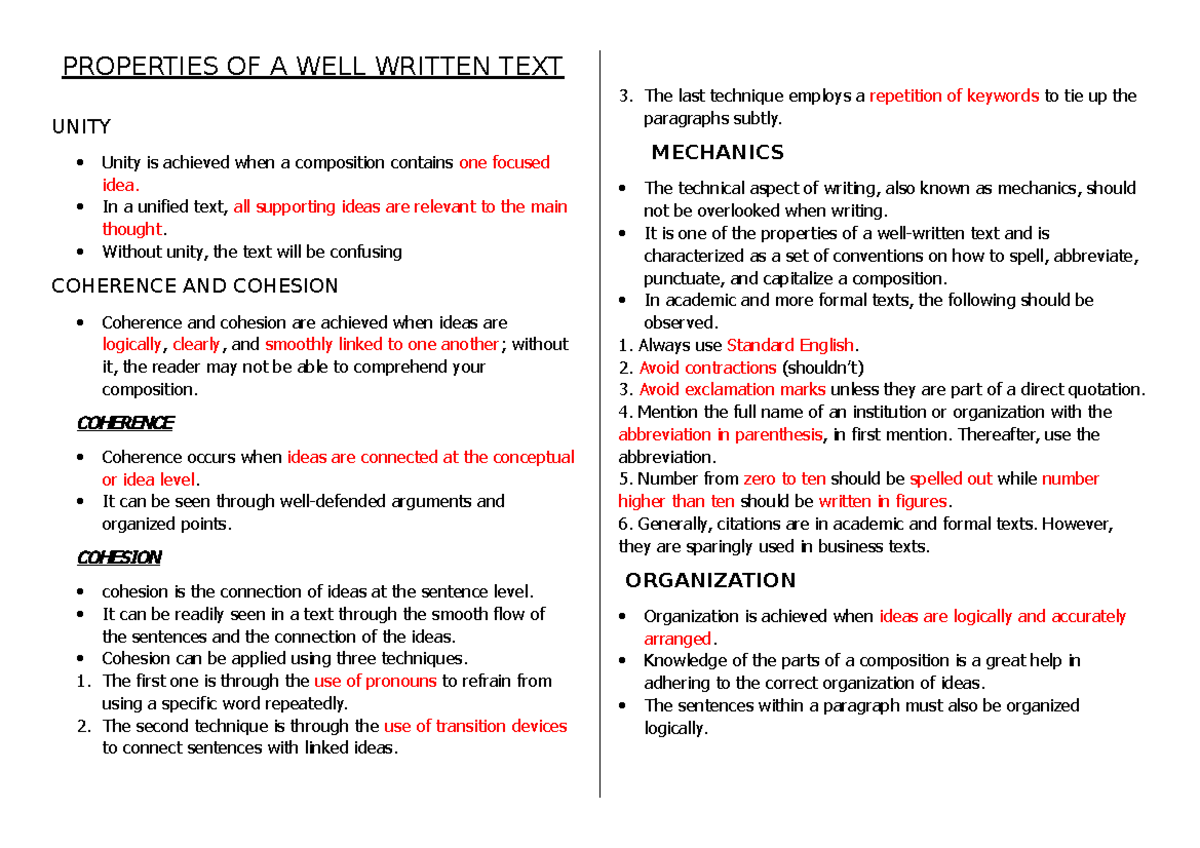 3RD Quarter Handouts - PROPERTIES OF A WELL WRITTEN TEXT UNITY Unity is ...