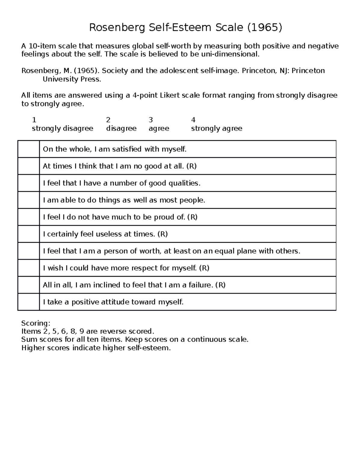 self-esteem measuring scale self-esteem measuring scale - Rosenberg ...