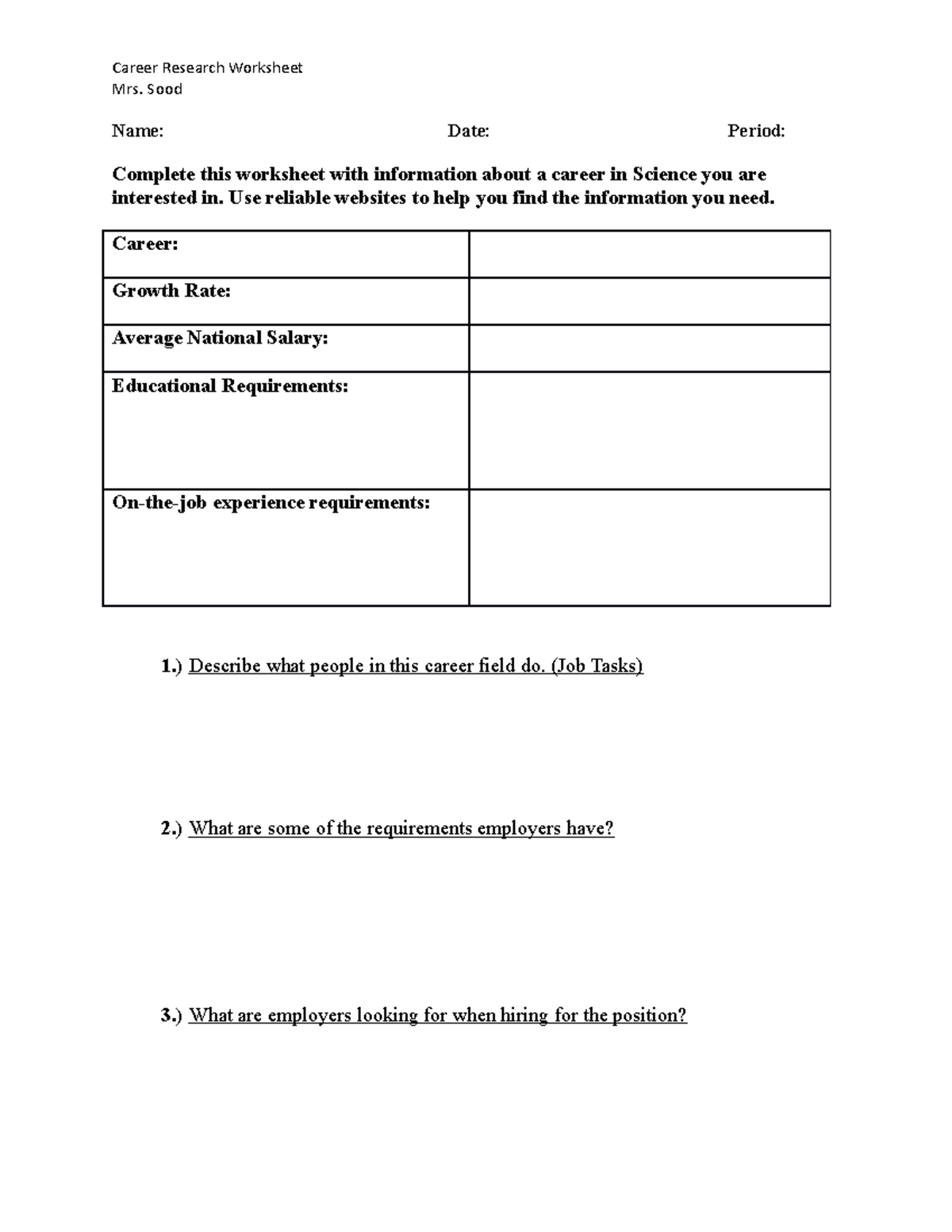 Career Research Worksheet - Sood Name: Date: Period: Complete this ...