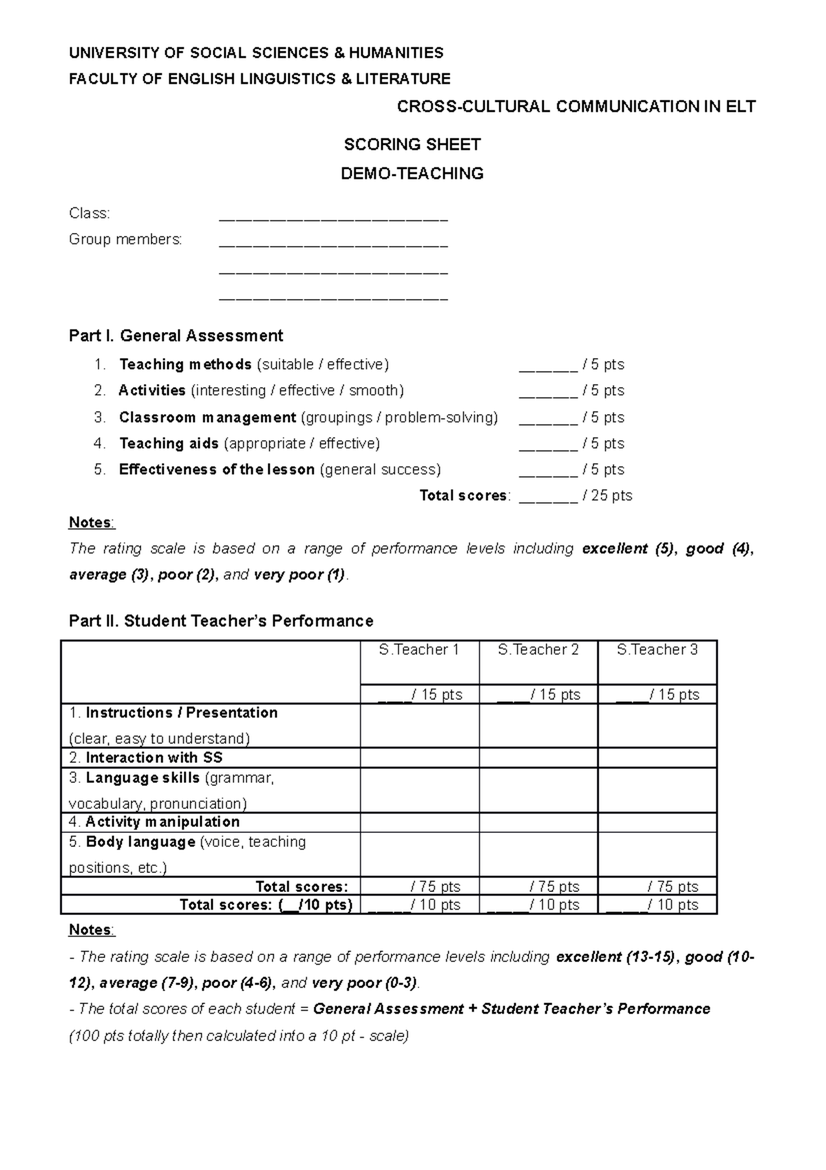 Scoring sheet for demo-teaching - UNIVERSITY OF SOCIAL SCIENCES ...