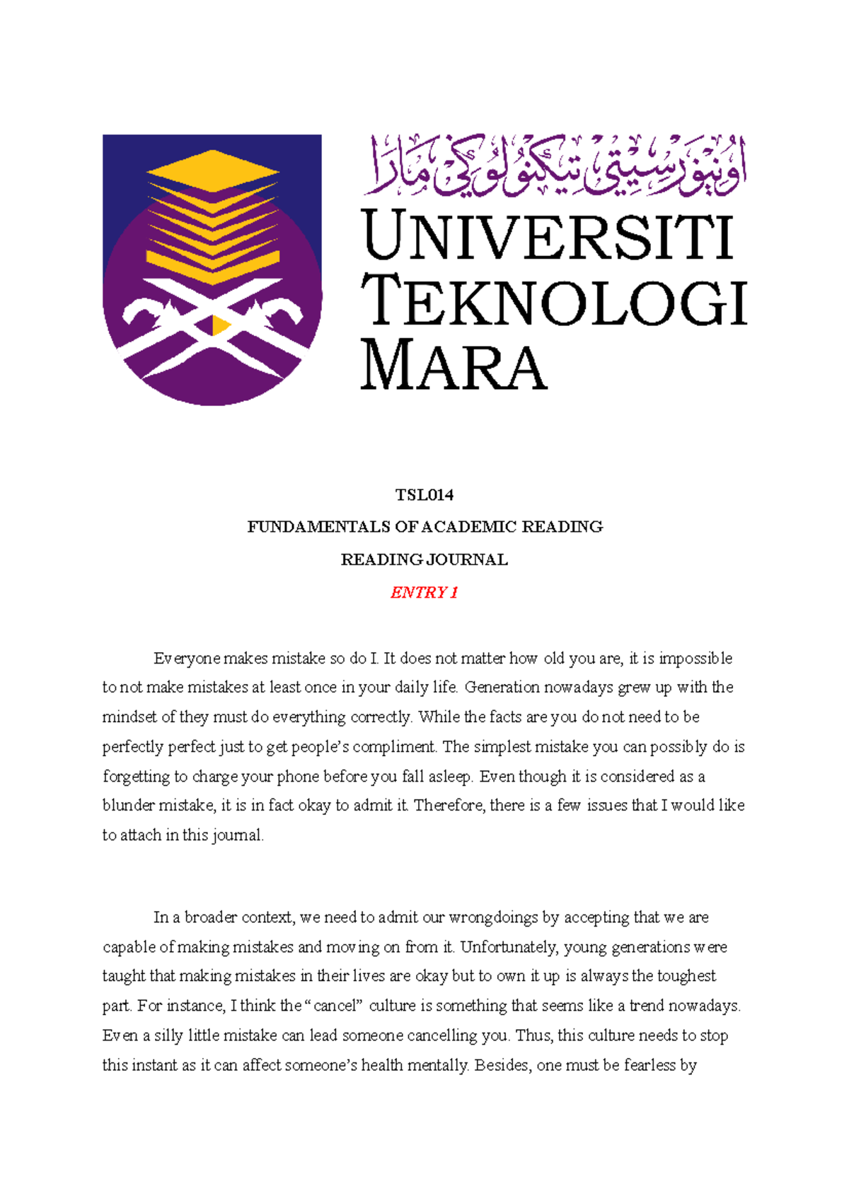 Reading Journal (1) - TSL FUNDAMENTALS OF ACADEMIC READING READING ...