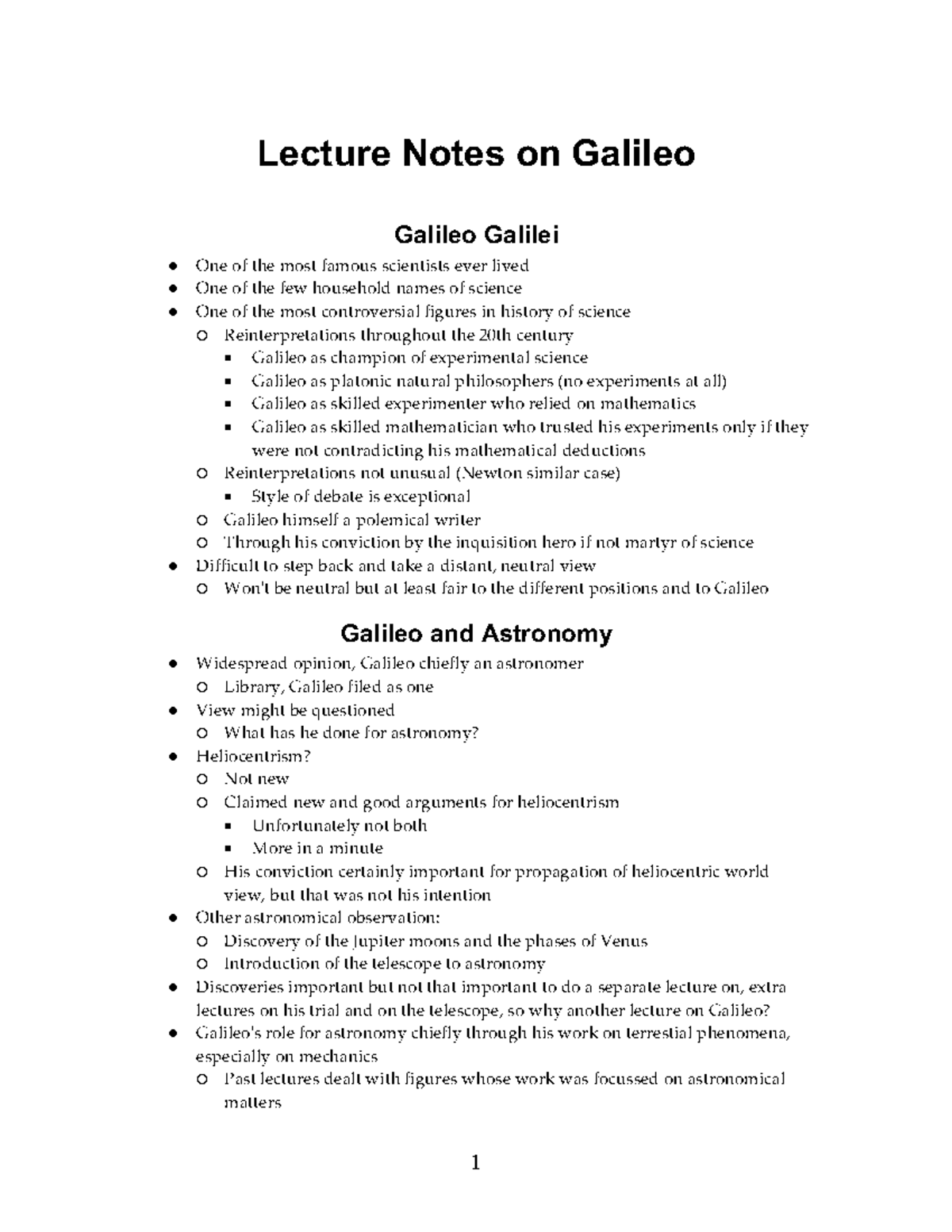 Lecture notes on Galileo - Lecture Notes on Galileo Galileo Galilei l ...