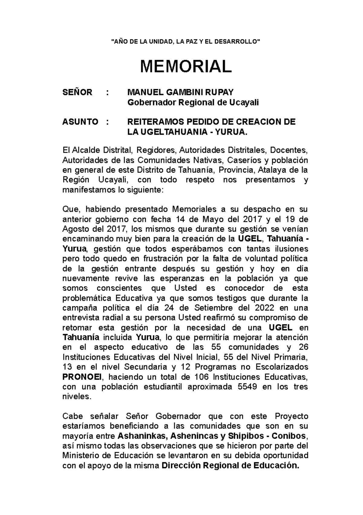 Memorial 20230306 10484968 - "AÑO DE LA UNIDAD, LA PAZ Y EL DESARROLLO" MEMORIAL SEÑOR : - Studocu