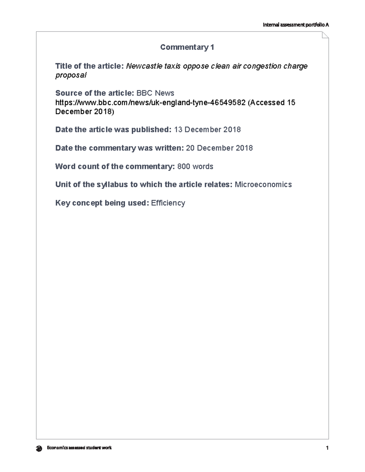 Sample Portfolio - Student A - Commentary 1 Title of the article ...