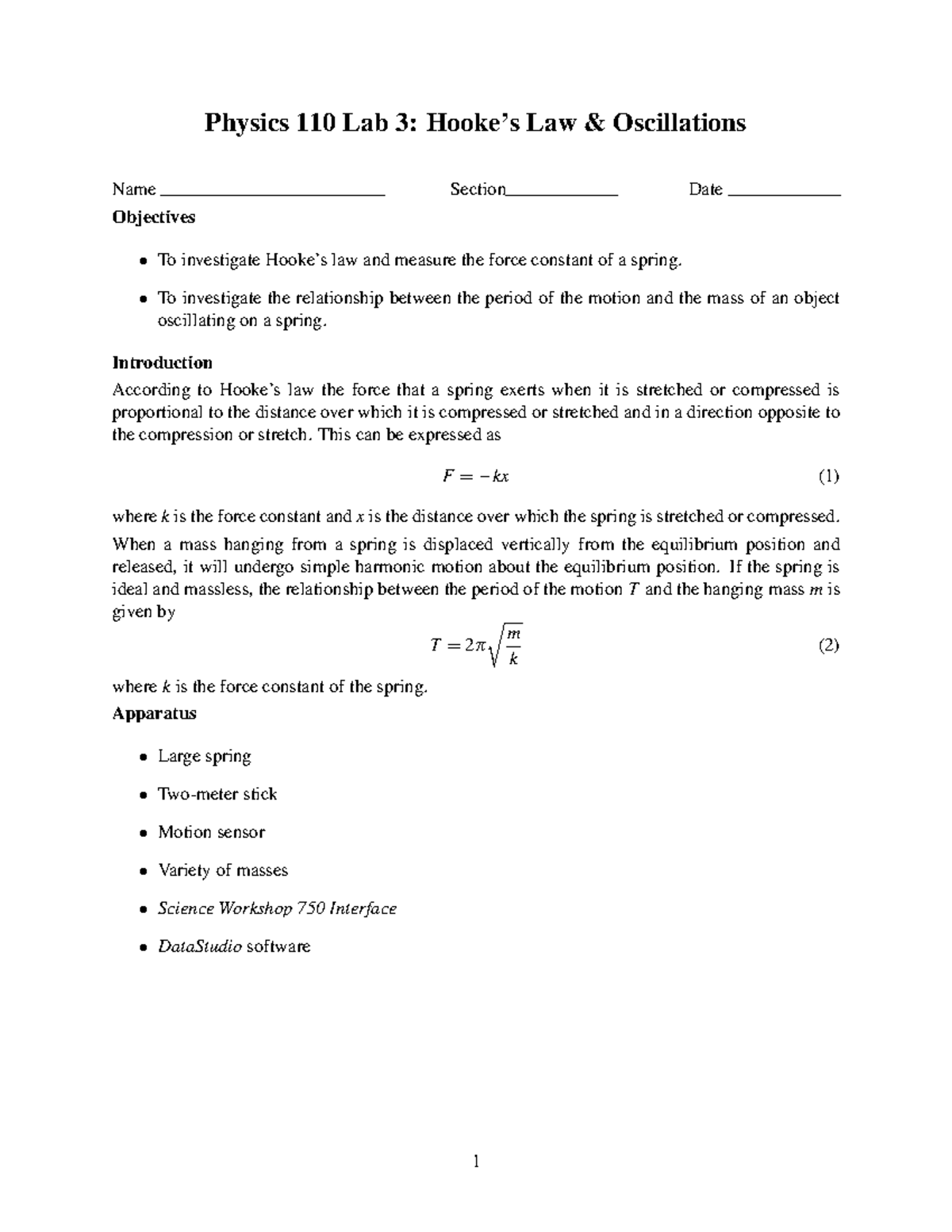 P110 hookes law oscillations F14 - Physics 110 Lab 3: Hooke’s Law ...