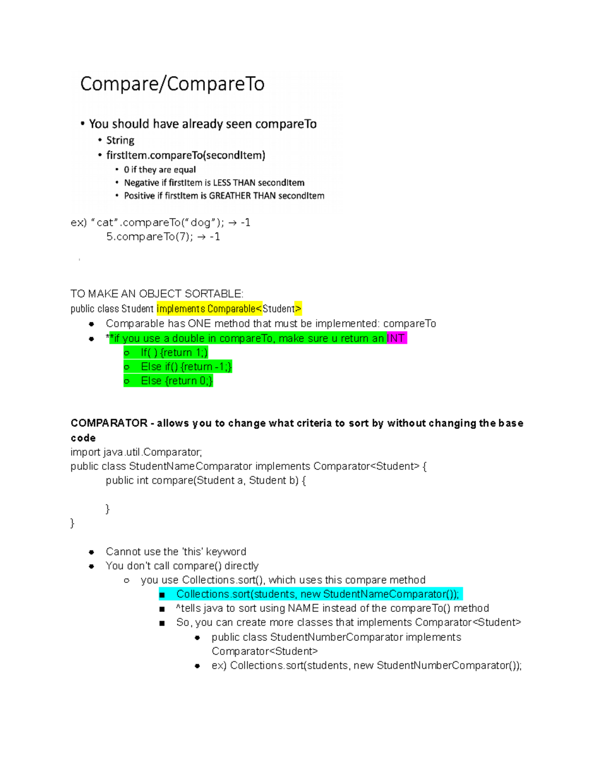 Sorting and Comparing Objects - ex) “cat”.compareTo(“dog”); → - 5(7); → ...