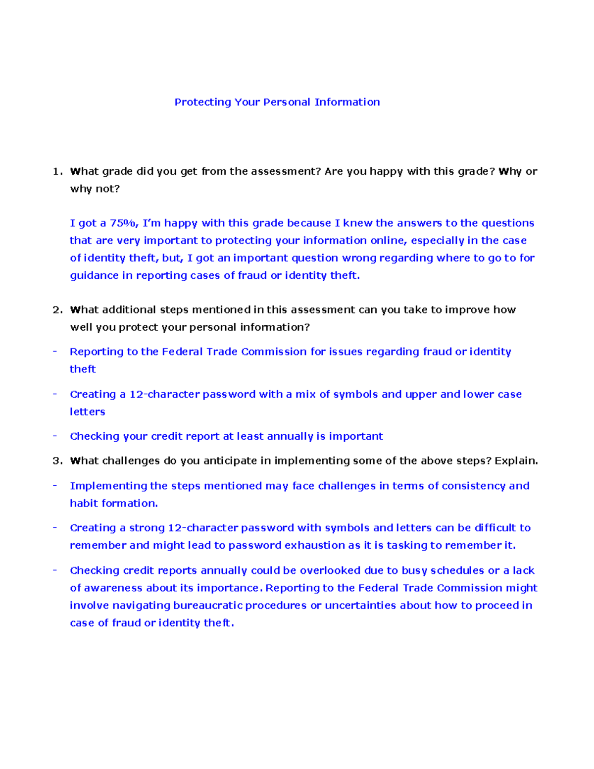 FINANCIAL MANAGEMENT - Protecting Your Personal Information What grade ...