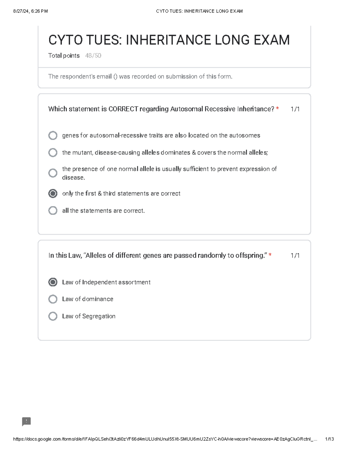 CYTO TUES Inheritance LONG EXAM - 1/ genes for autosomal-recessive ...