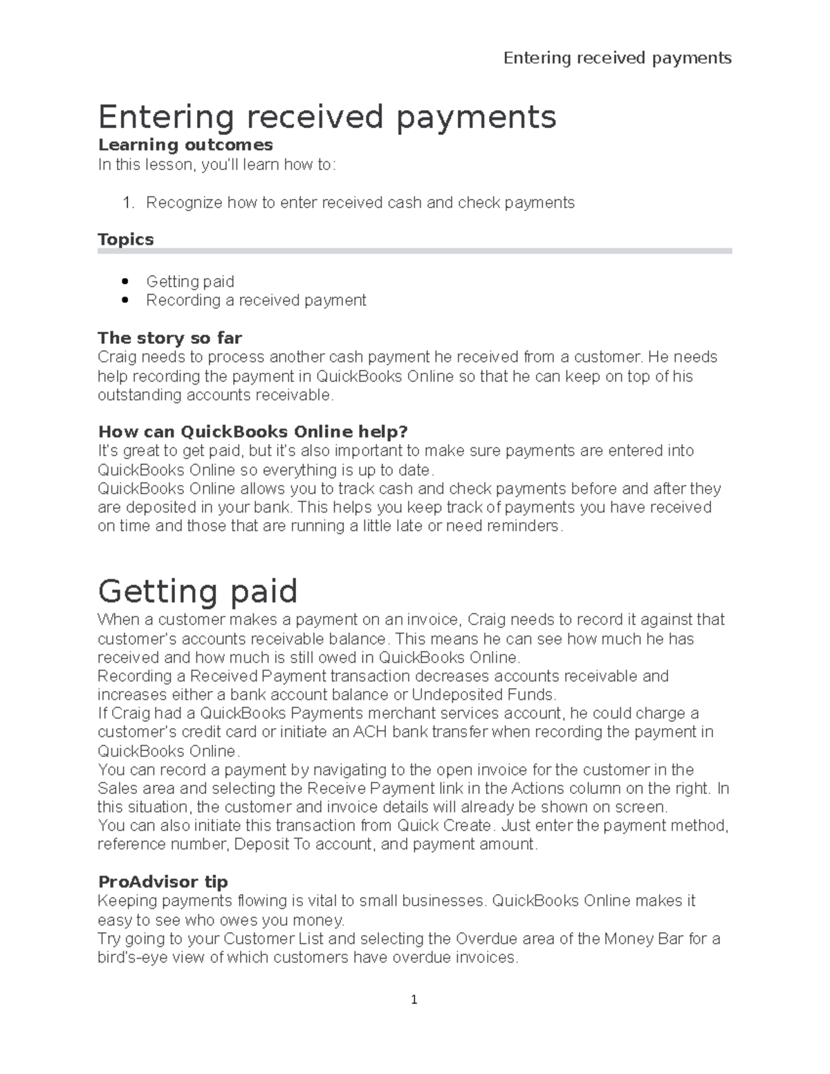 Entering received payments - Entering received payments Learning ...