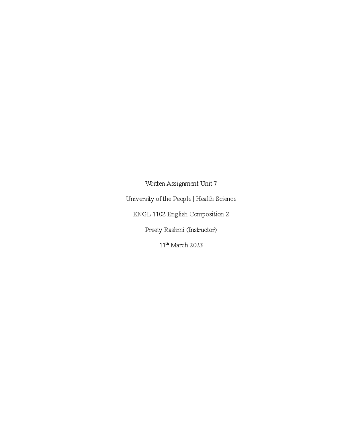 ENGL Written Assignment Unit 7 - Written Assignment Unit 7 University ...