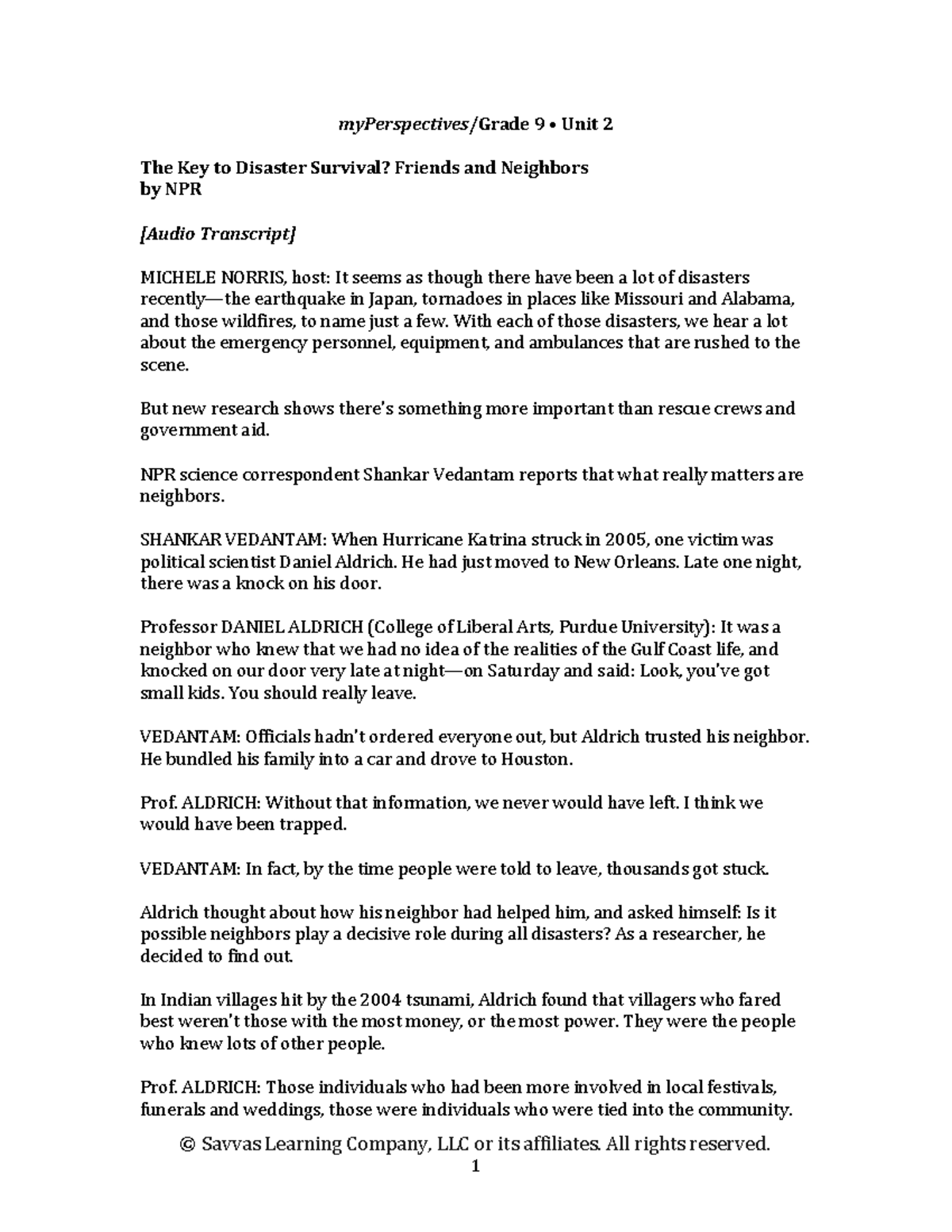 The Key to Disaster Survival Transcript - myPerspectives/Grade 9 • Unit ...