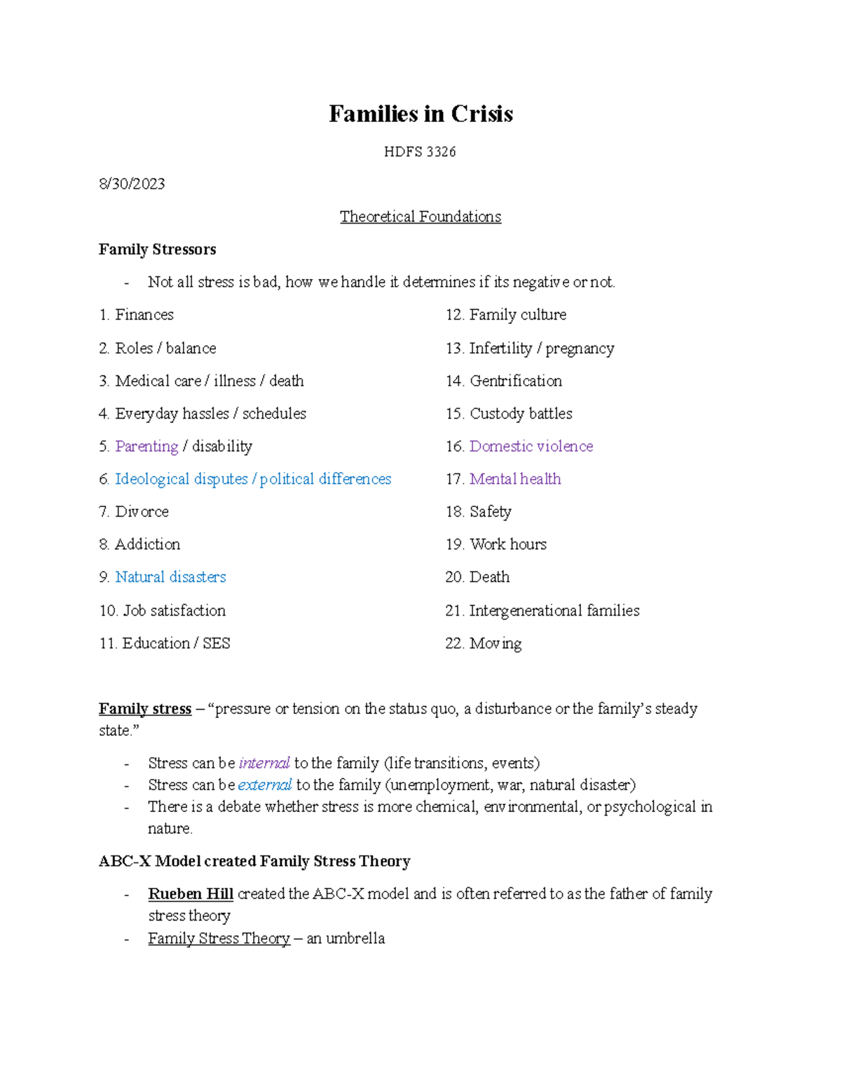 Families in Crisis notes - Families in Crisis HDFS 3326 8/30 ...