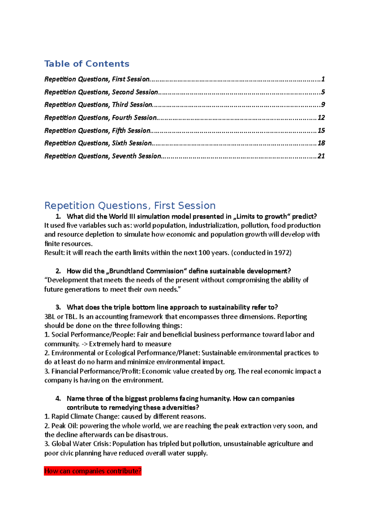 Repetition Questions - Table of Contents Repetition Questions, First ...