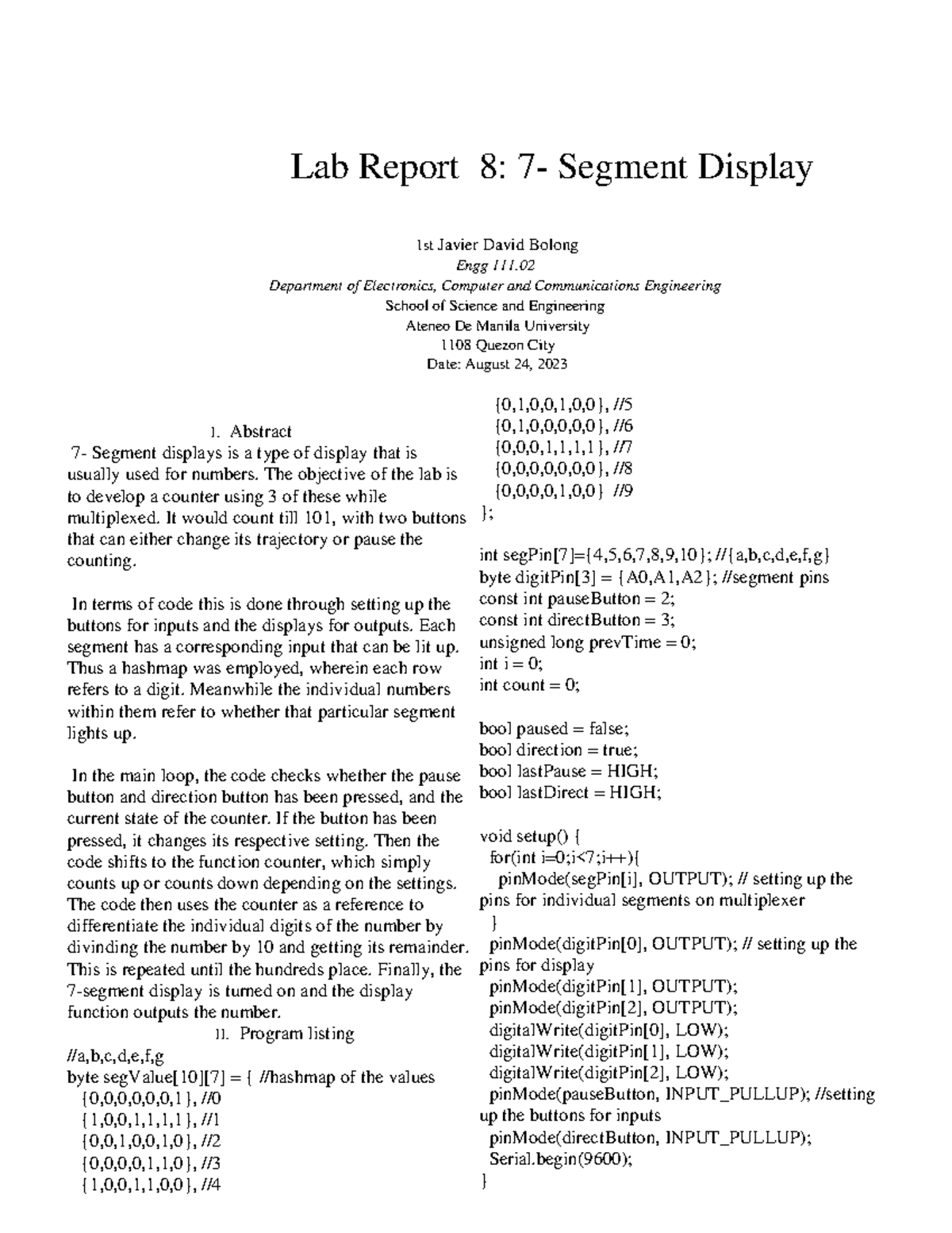Lab8 bolong 110923 - yes - Lab Report 8: 7- Segment Display 1st Javier David Bolong Engg 111 ...