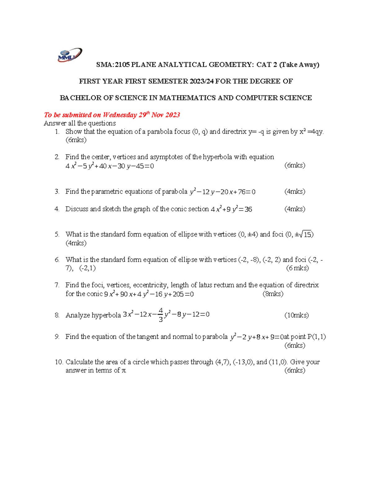 SMA 2105 CAT 2 - Education is key - SMA:2105 PLANE ANALYTICAL GEOMETRY ...