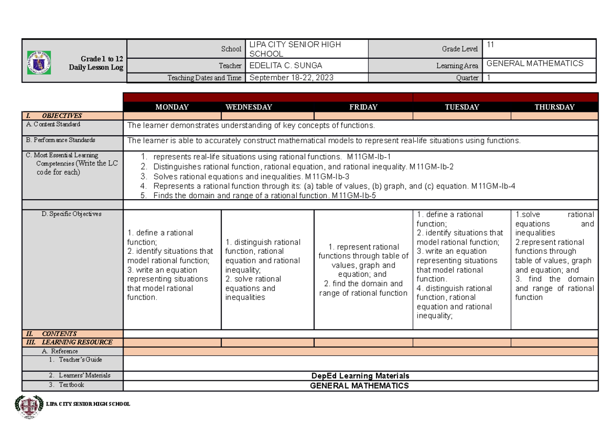 W2-DLL-Gen Math - DLL - Grade 1 to 12 Daily Lesson Log School LIPA CITY ...