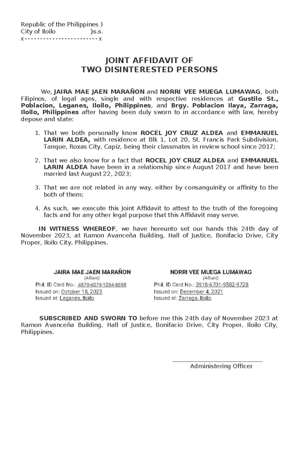 Affidavit Sample - Republic of the Philippines ) City of Iloilo )s. x ...