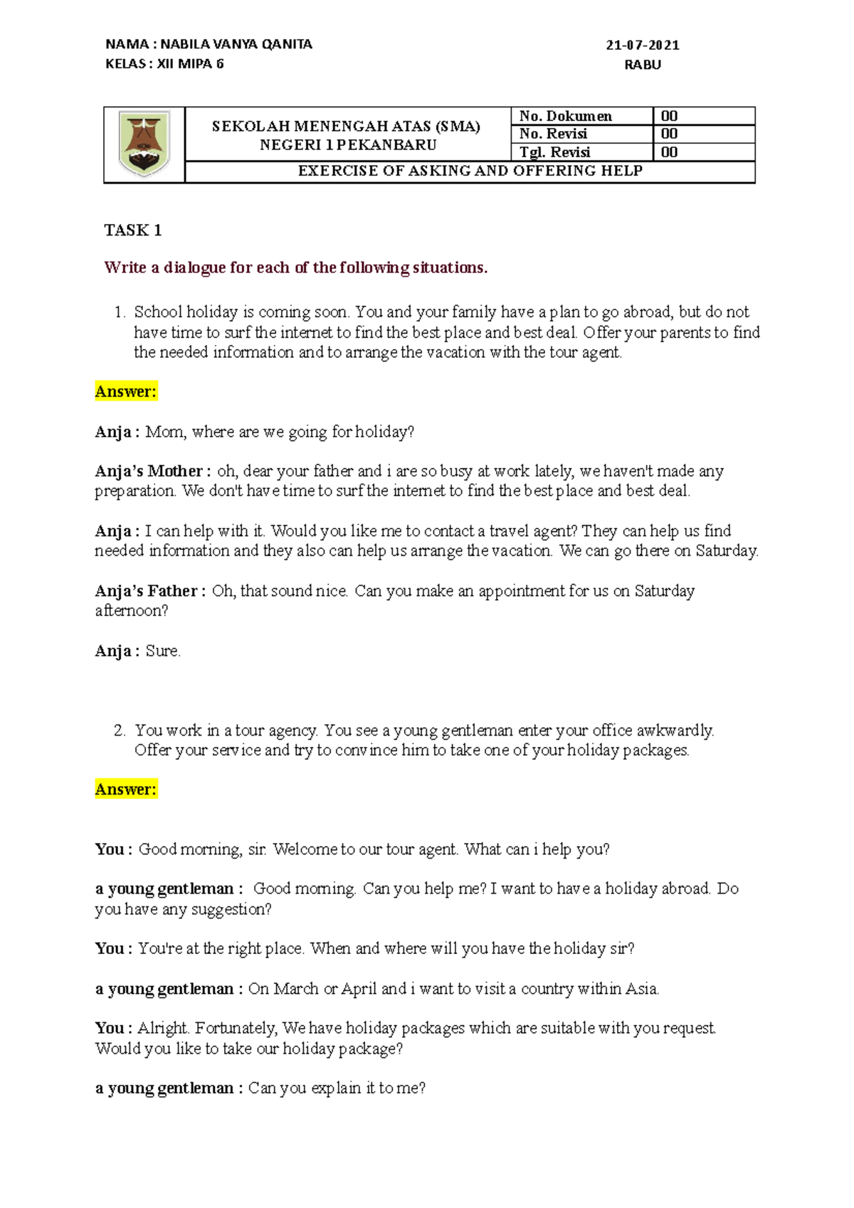 1. Exercises Asking AND Offering HELP Nabila Vanya Qanita XII MIPA 6 ...