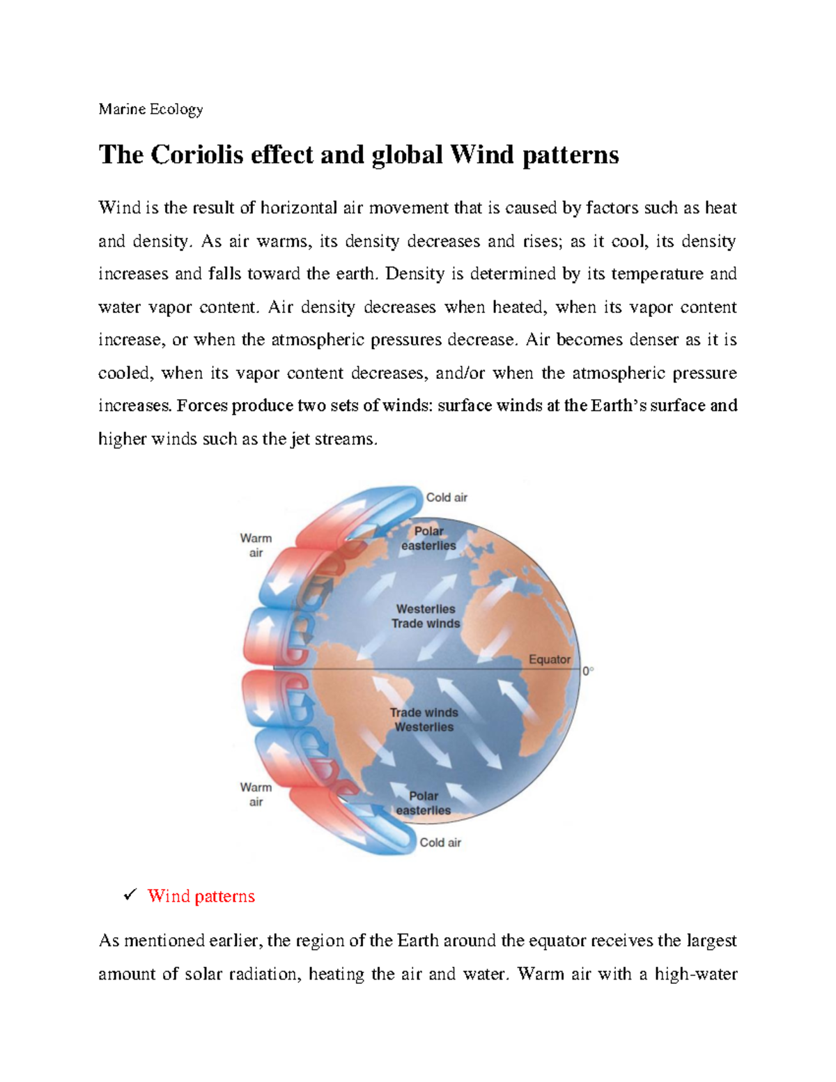 The Coriolis effect and global Wind patterns - Marine Ecology The ...