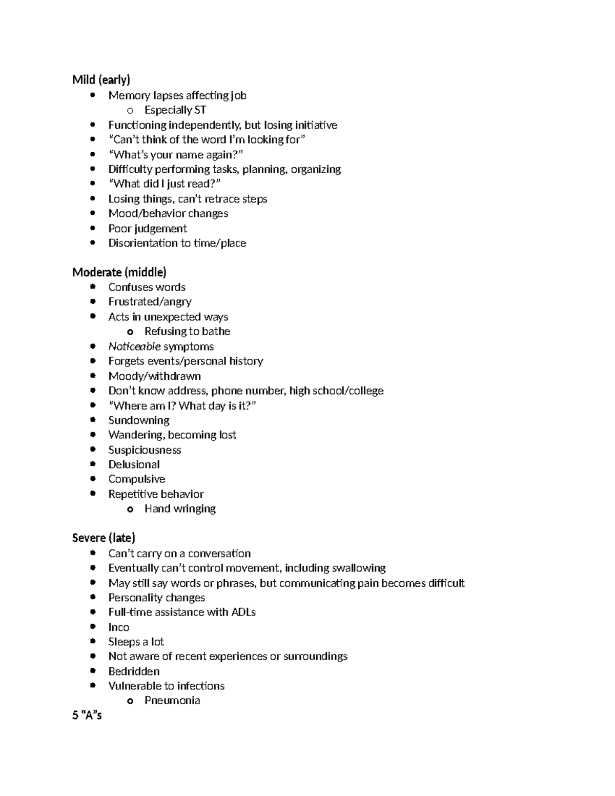 Alzheimer's Dementia - Lecture and book notes - Mild (early) Memory ...