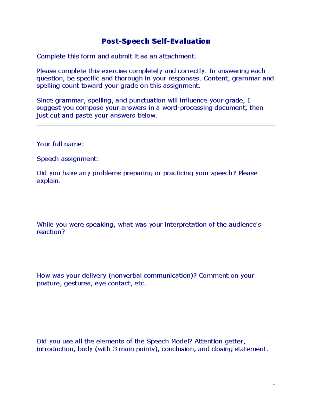 Speech Post Self Evaluation Form - Post-Speech Self-Evaluation Complete ...