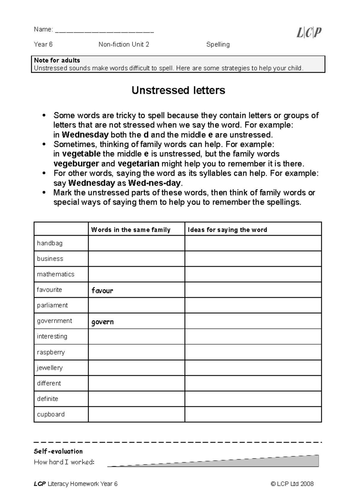 LH Y6 Ac 12 Unstressed letters - Name: ___________________________ Year ...