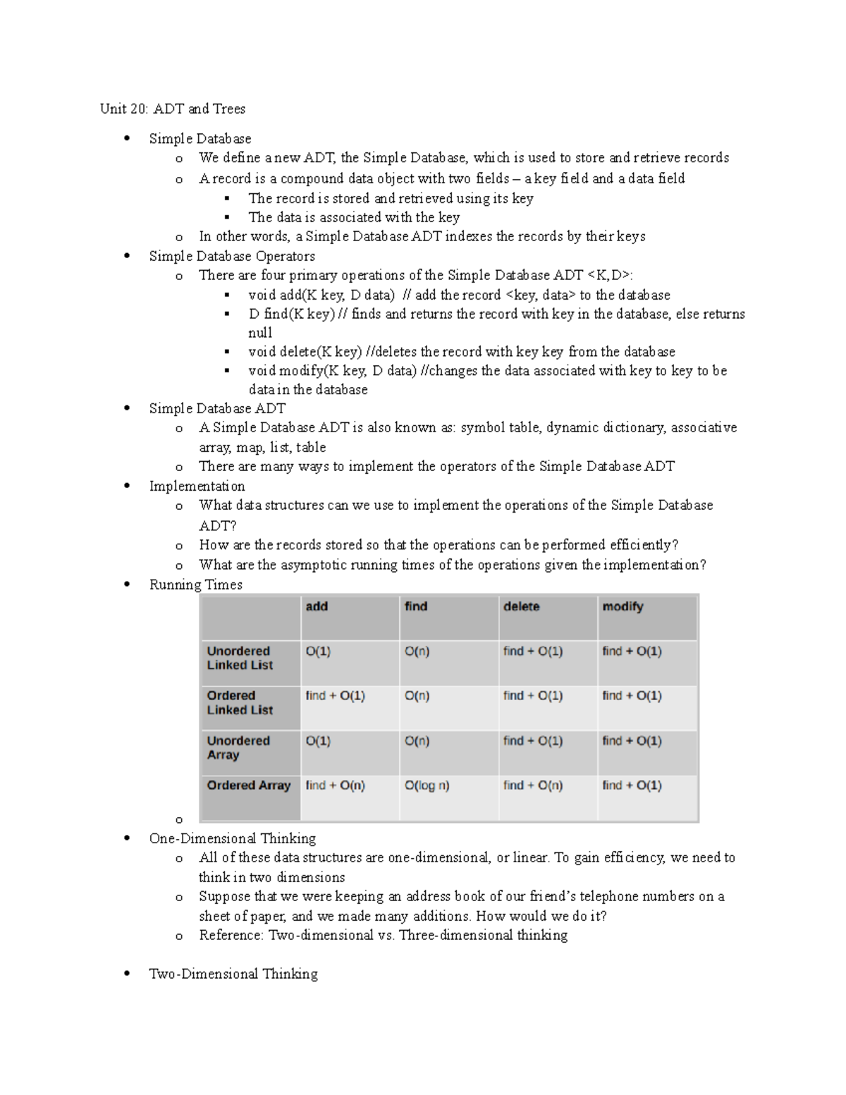 Unit 20 Trees Lecture Notes 20 Unit 20 Adt And Trees Simple Database O We Define A New Adt 