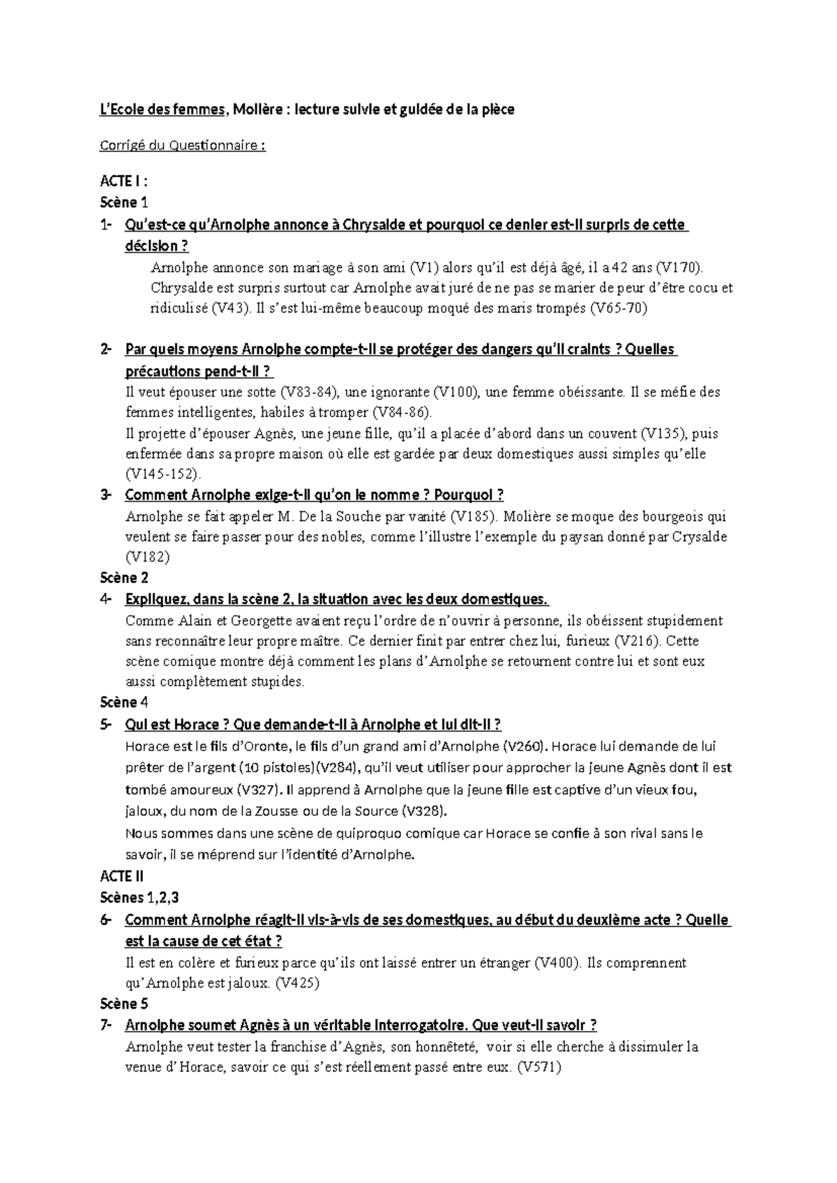 Ecole des femmes, corrig├® questions - L’Ecole des femmes, Molière ...