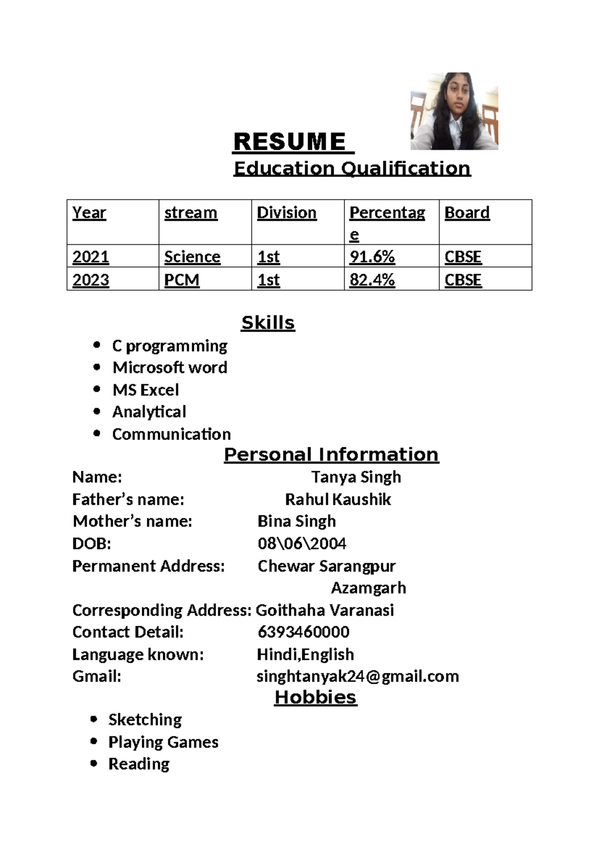 Resume 5 - RESUME Education Qualification Year stream Division ...