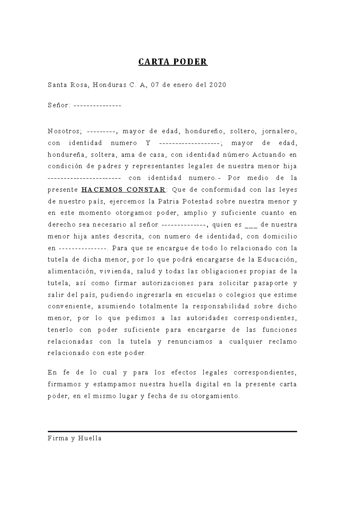 Carta Poder Unitec - Authorization Format - C A RTA PO D E R S a n t a ...