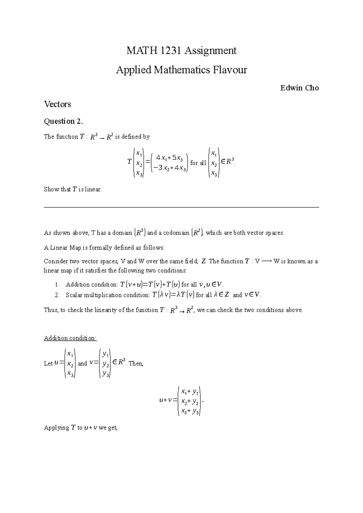MATH 1231 Assignment - Edwin CHO - MATH 1231 Assignment Applied Mathematics Flavour Edwin Cho ...