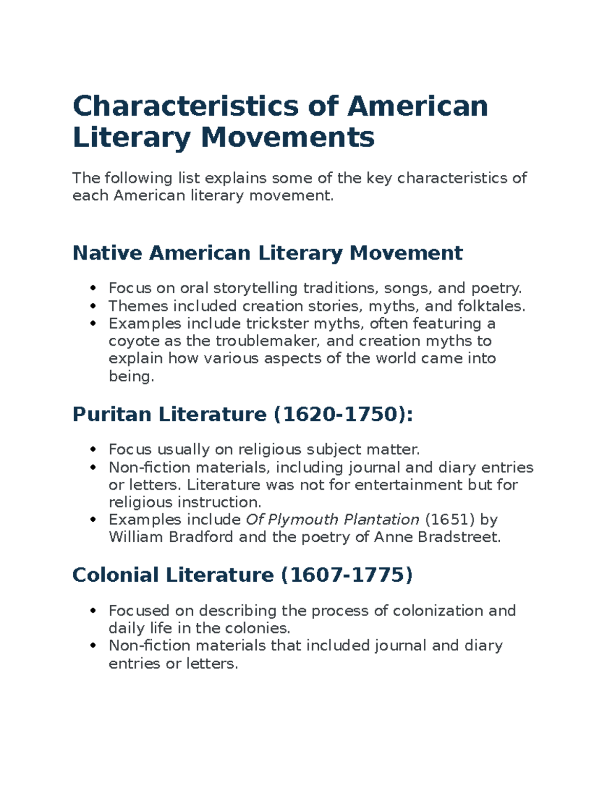 Characteristics of American Literary Movements - Characteristics of ...