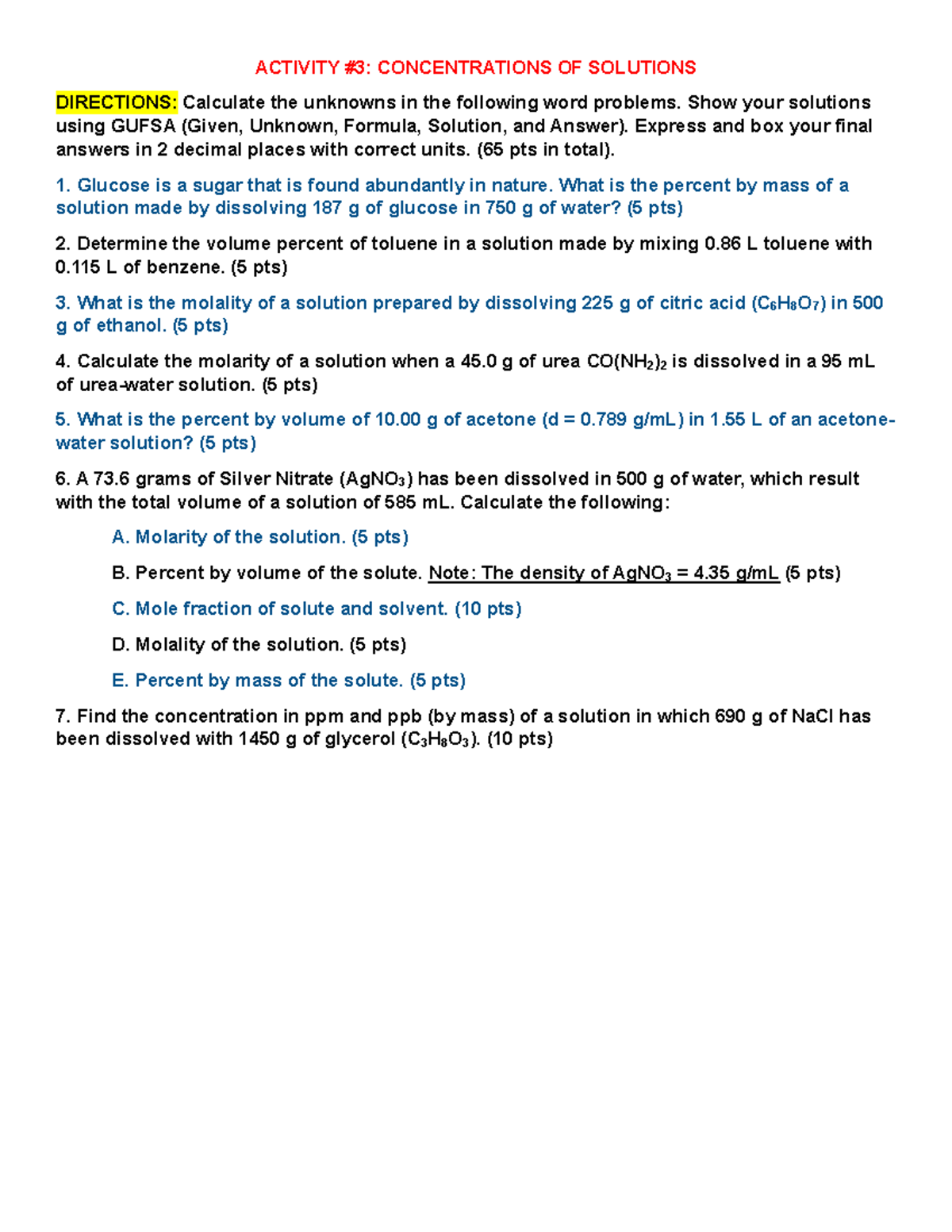 Activity 3 Concentrations of Solutions - ACTIVITY #3: CONCENTRATIONS OF ...