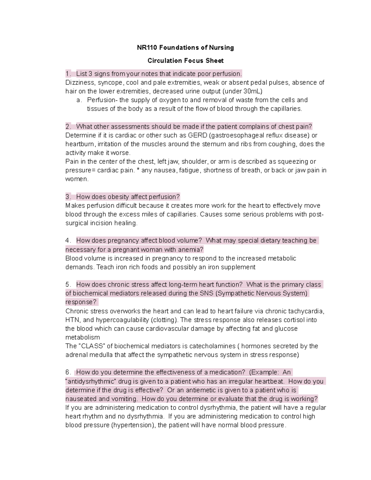 Circulation Focus sheet-2 - NR110 Foundations of Nursing Circulation ...