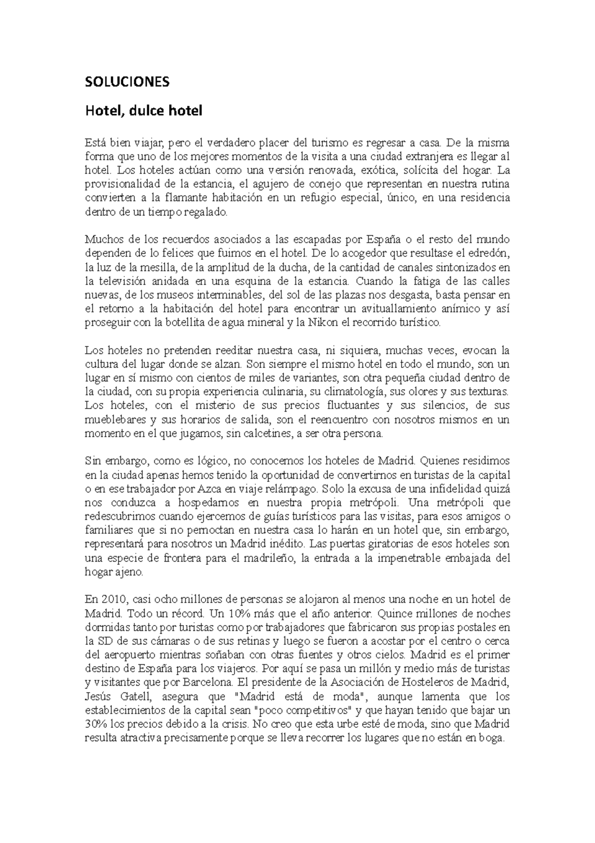 Soluciones Texto 0. Hotel, dulce hotel - SOLUCIONES Hotel, dulce hotel ...