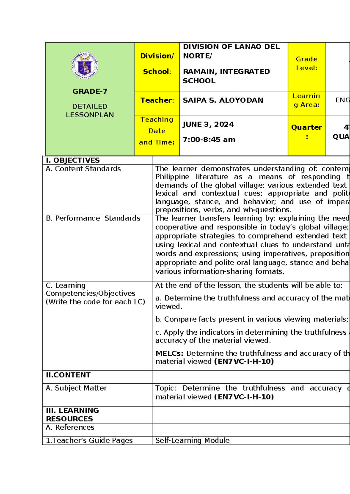 MA'AM S- Grade-7 English DLP Final - GRADE- DETAILED LESSONPLAN ...