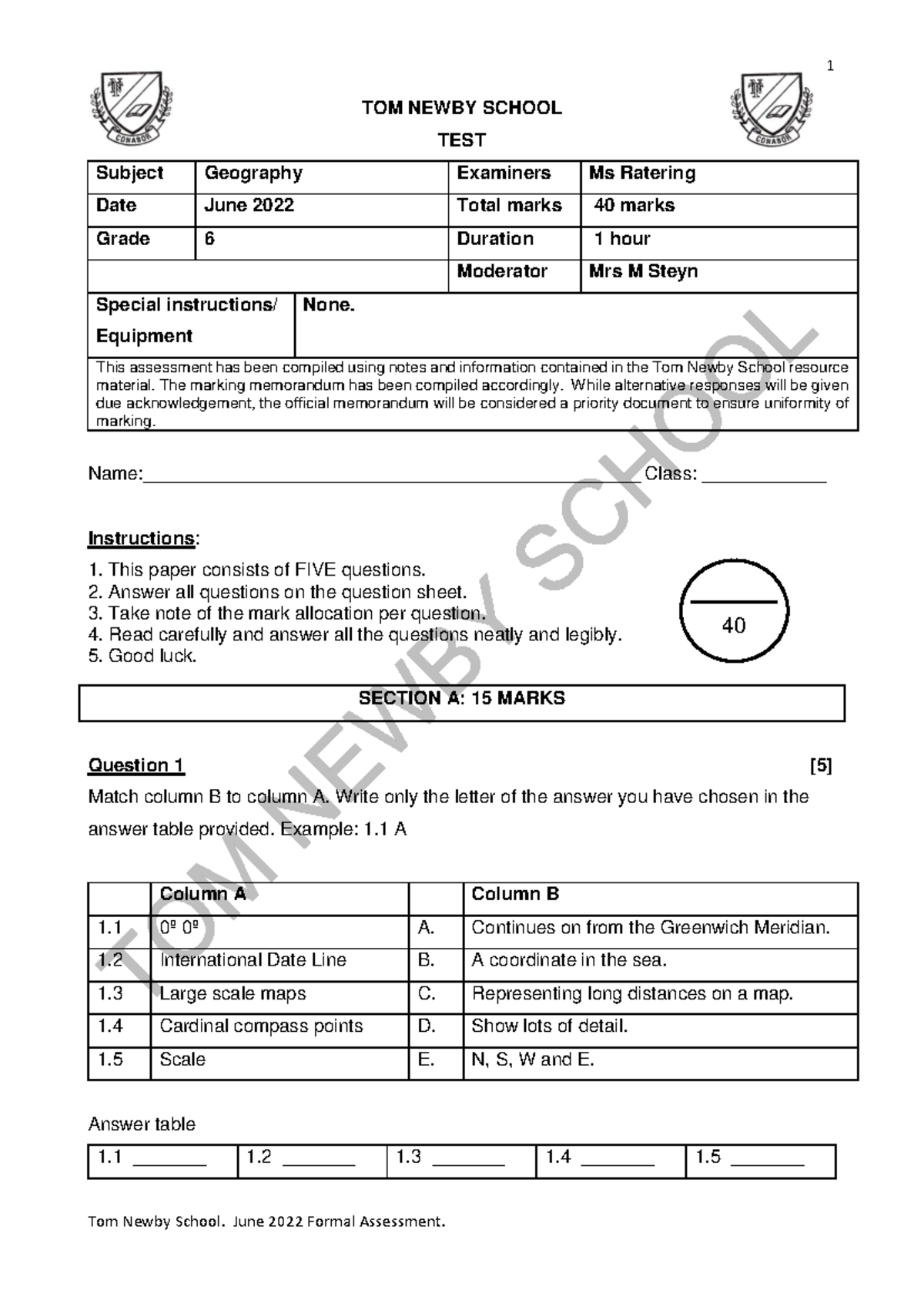 Grade 6 Geography Exam June 2022 - TOM NEWBY SCHOOL TEST Subject ...