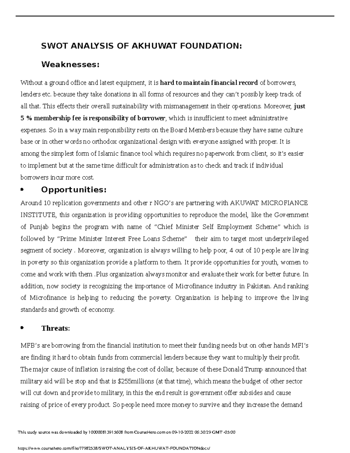 SWOT Analysis OF Akhuwat Foundation - SWOT ANALYSIS OF AKHUWAT ...