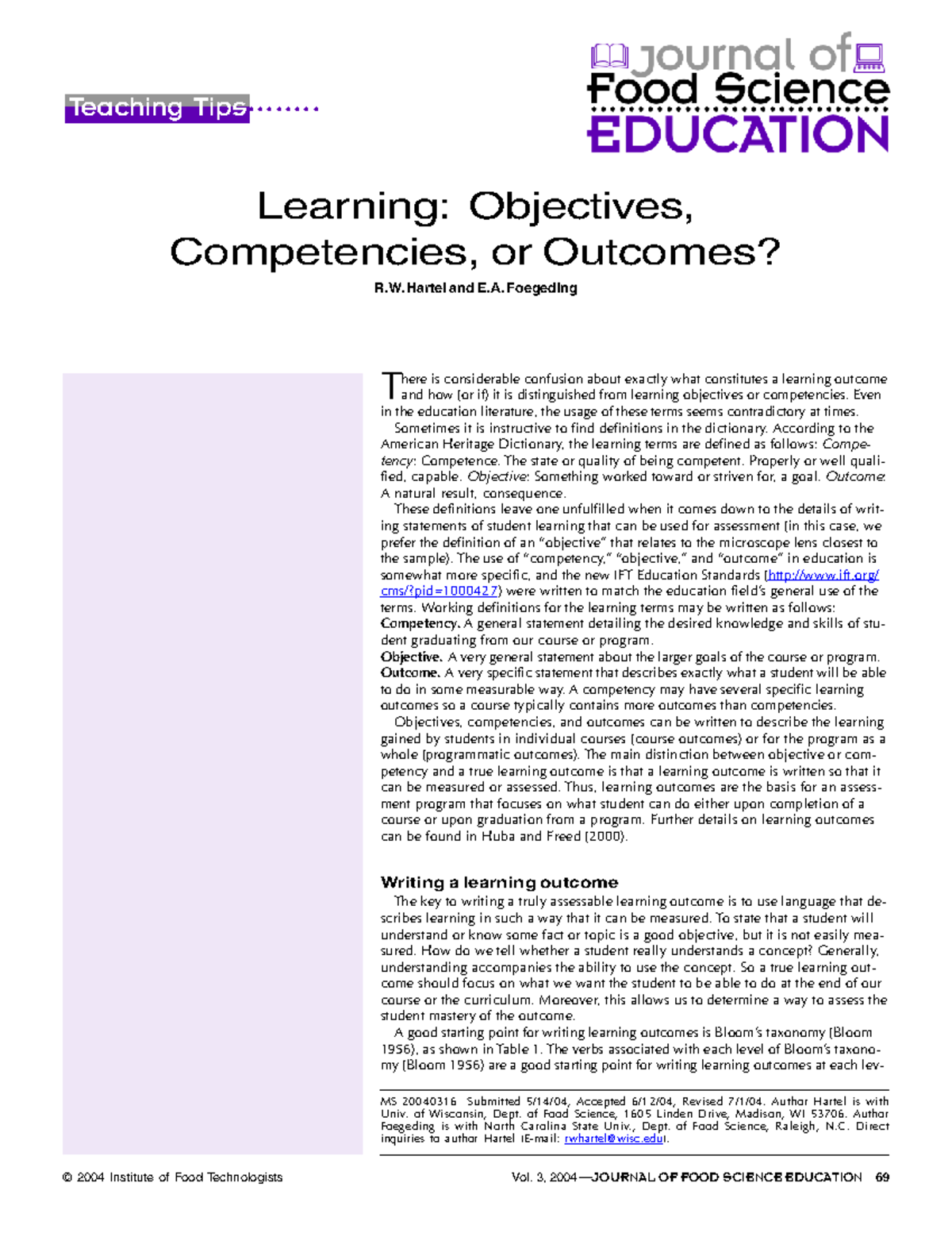 Learning Objectives Competencies Outcomes - © 2004 Institute of Food ...