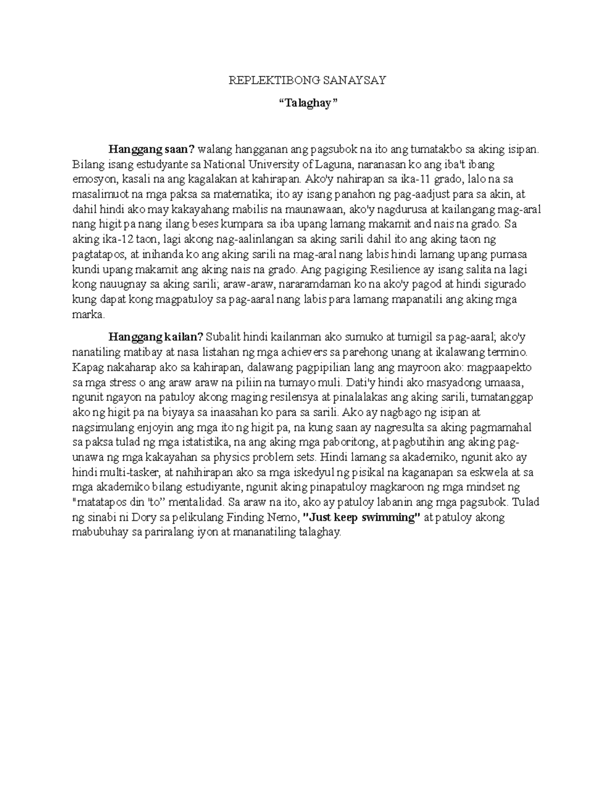 Reflective Essay - UEDA KEI - REPLEKTIBONG SANAYSAY “Talaghay” Hanggang ...